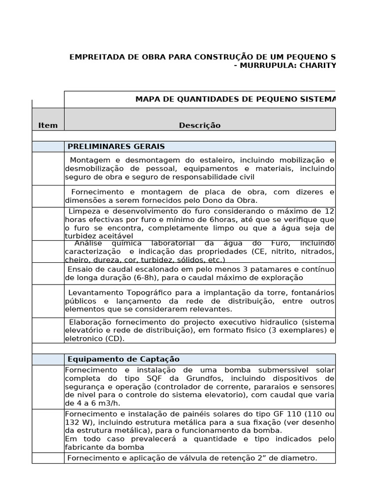 LOTE 18 Mapa de Quantidades SAA 1 MURRUPULA - Charity - Water | PDF