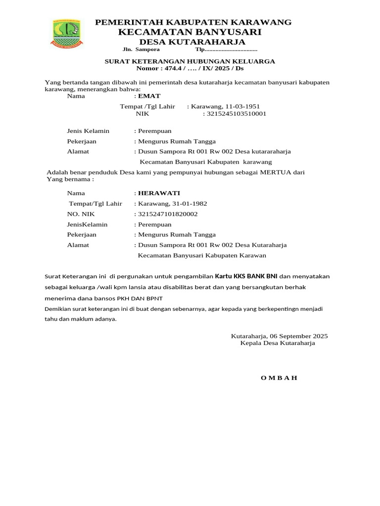 Surat Keterangan Hubungan Keluarga | PDF