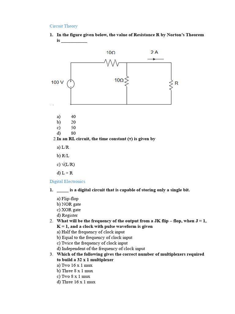 Circuit Theory and Digital Electronics Quiz | PDF | Cmos | Logic Gate