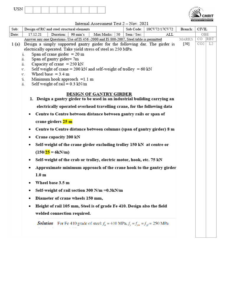 IAT-II Question Paper With Solution of 18CV72 Design of RC and Steel ...