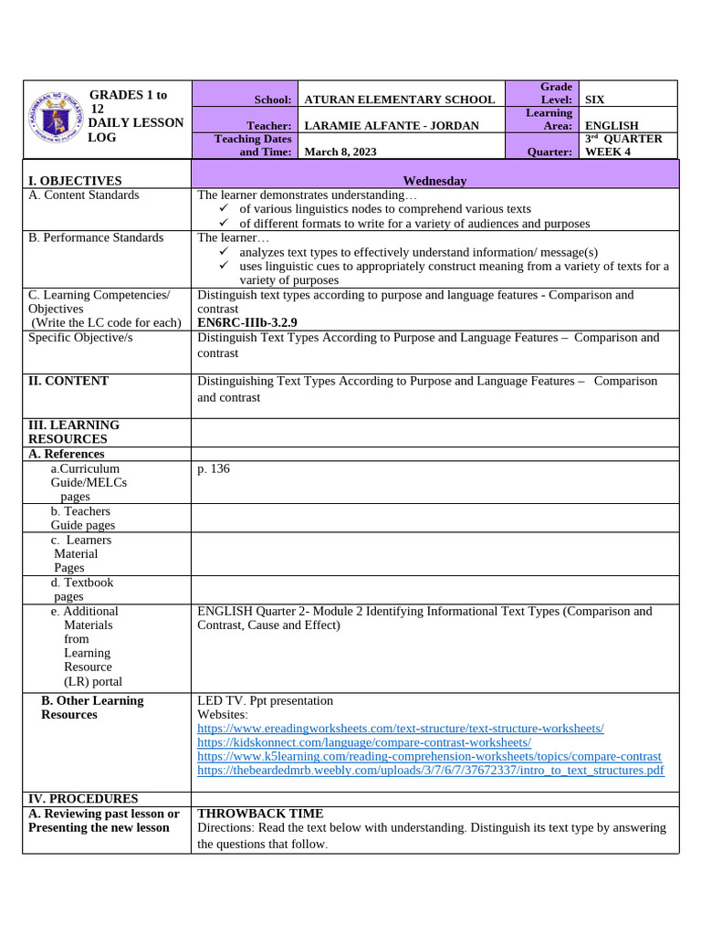 English Lesson Plan: Text Types Comparison | PDF | Water | Distillation