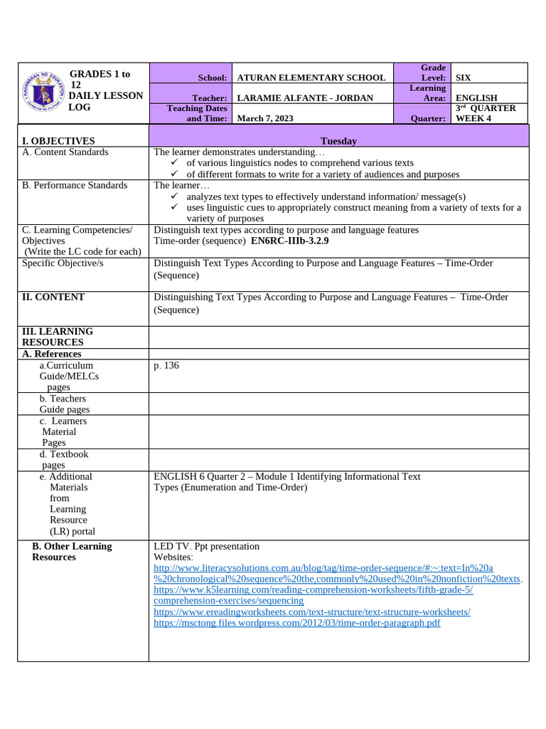 English 6 Daily Lesson Log: Week 4 | PDF | Teaspoon | Learning