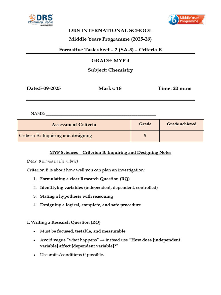 MYP 4 Chemistry Investigation Guide | PDF | Hydrochloric Acid | Hypothesis