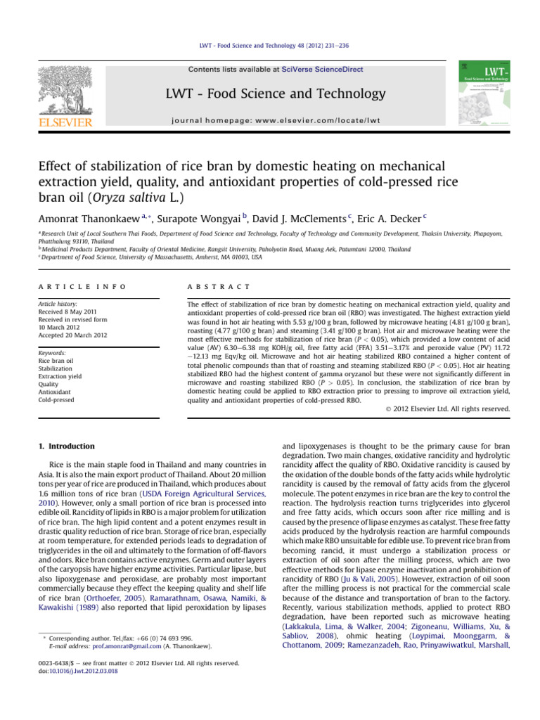 Effect of Stabilization of Rice Bran by Domestic Heating On Mechanical ...