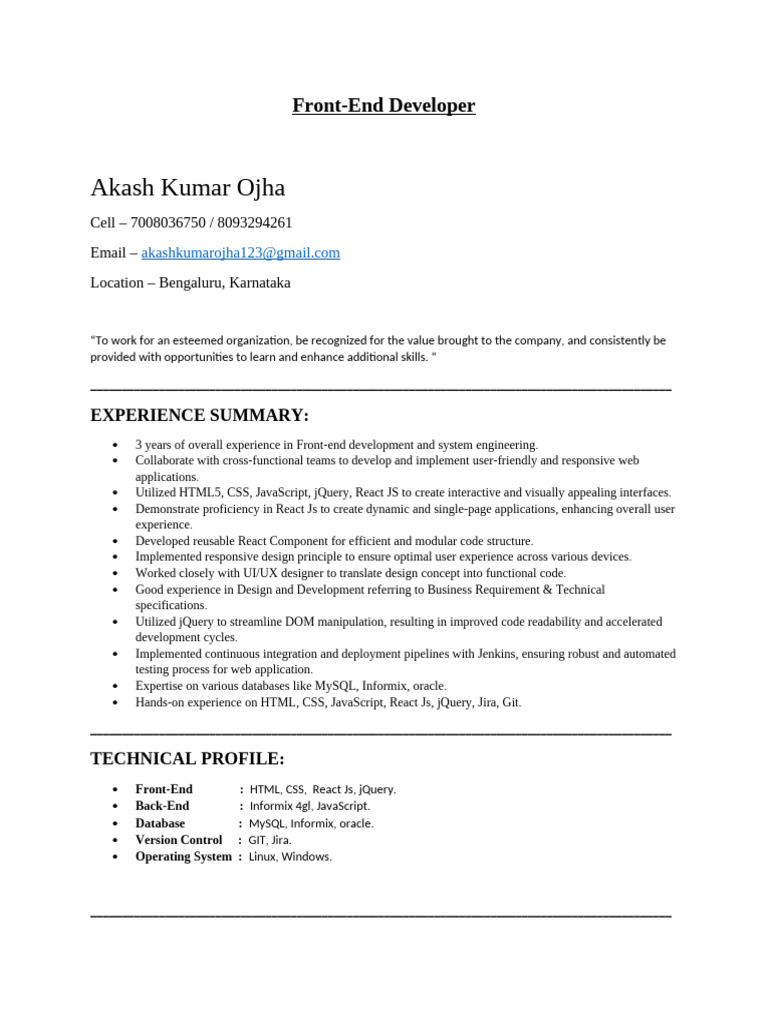 Akash Kumar Ojha - React Resume | PDF | J Query | Java Script