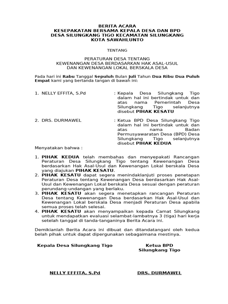 Berita Acara Kesepakatan Bersama Kepala Desa Dan BPD Kewenangan Desa | PDF