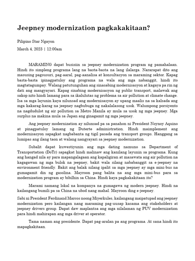 Jeepney Modernization Pagkakakitaan | PDF