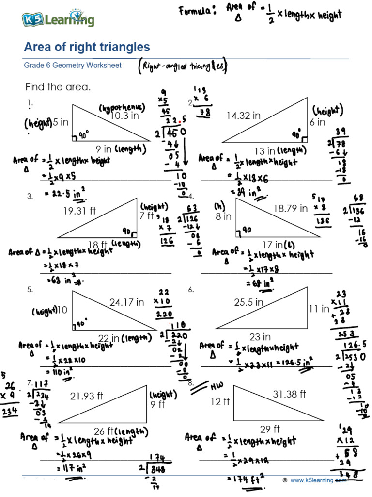 Area of Right Triangles Worksheet | PDF