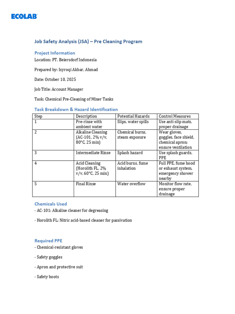 JSA Pre Cleaning Program Beiersdorf | PDF