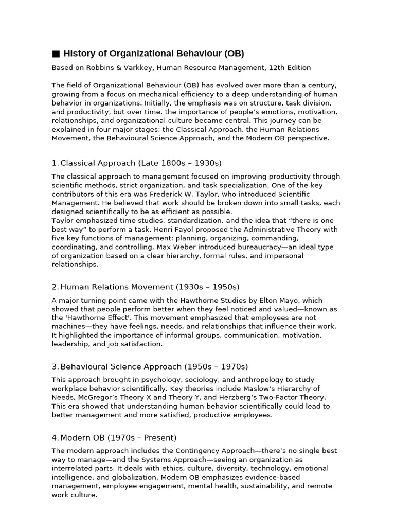 History of Organizational Behaviour OB Handout | PDF | Organizational ...