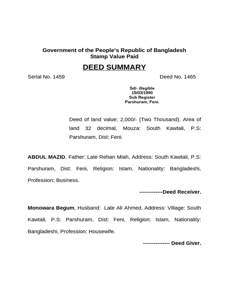 Deed Summary (Jahirul Islam Father of Abdul Mazid) | PDF | Bangladesh