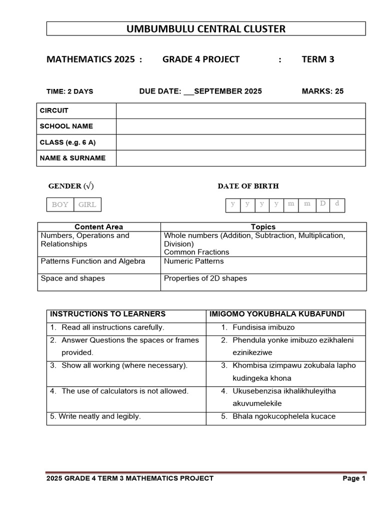 Grade 4 Mathematics Project Term 3 2024 - 051352 | PDF | Mathematics ...