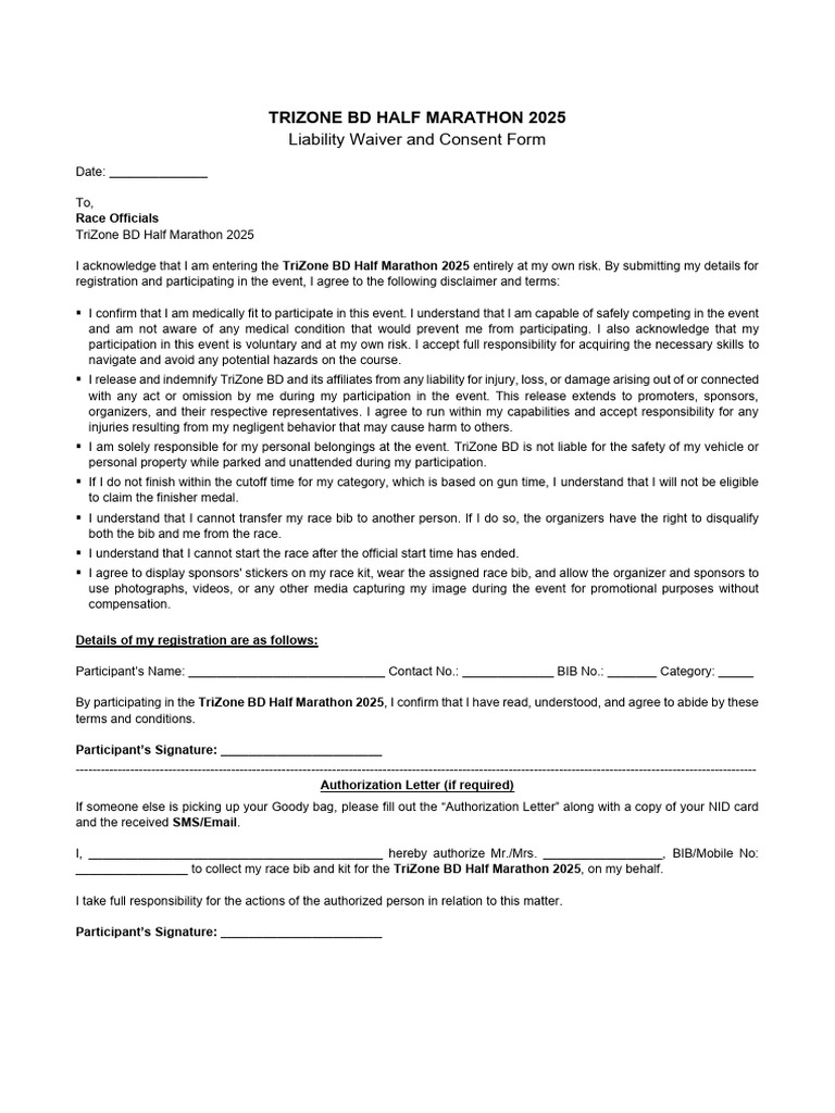 TriZone BD Half Marathon 2025 Waiver Form | PDF | Legal Liability ...
