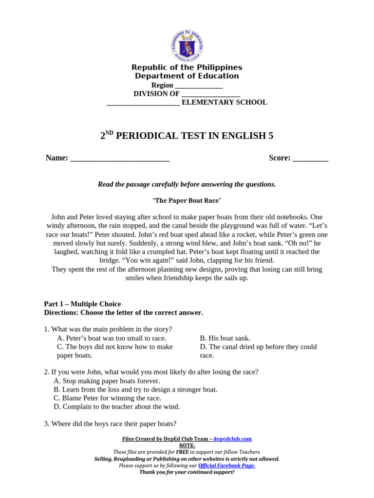 DTC - PT - q2 English 5 Matatag With Tos Key | PDF | Adverb | Nonverbal ...