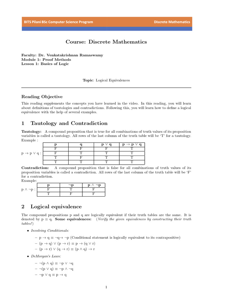 BITSP-DM-Logical Equivalences | PDF | Contradiction | Mathematical Logic