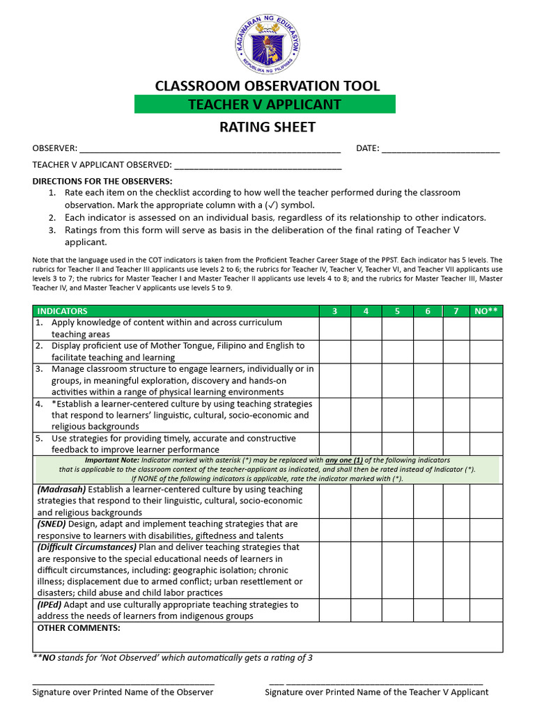 Teacher V Applicant COT Rating Sheet | PDF | Teachers | Learning