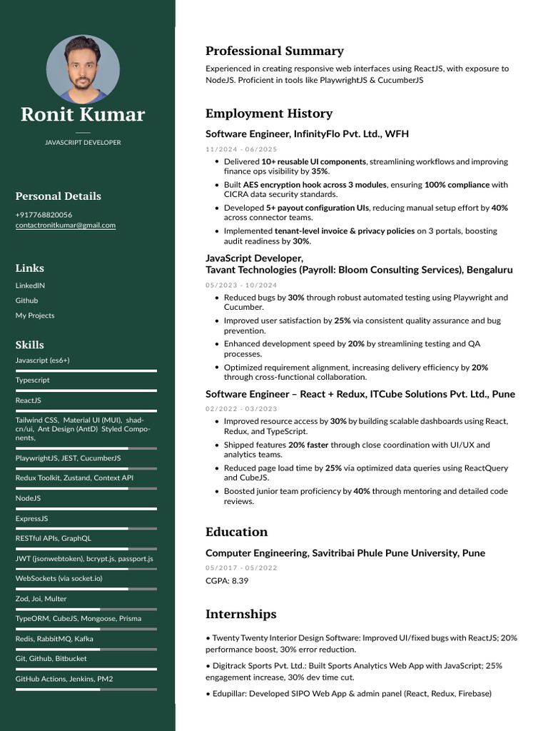 Resume Javascript RonitKumar ReactJS | PDF | Java Script | User Interface