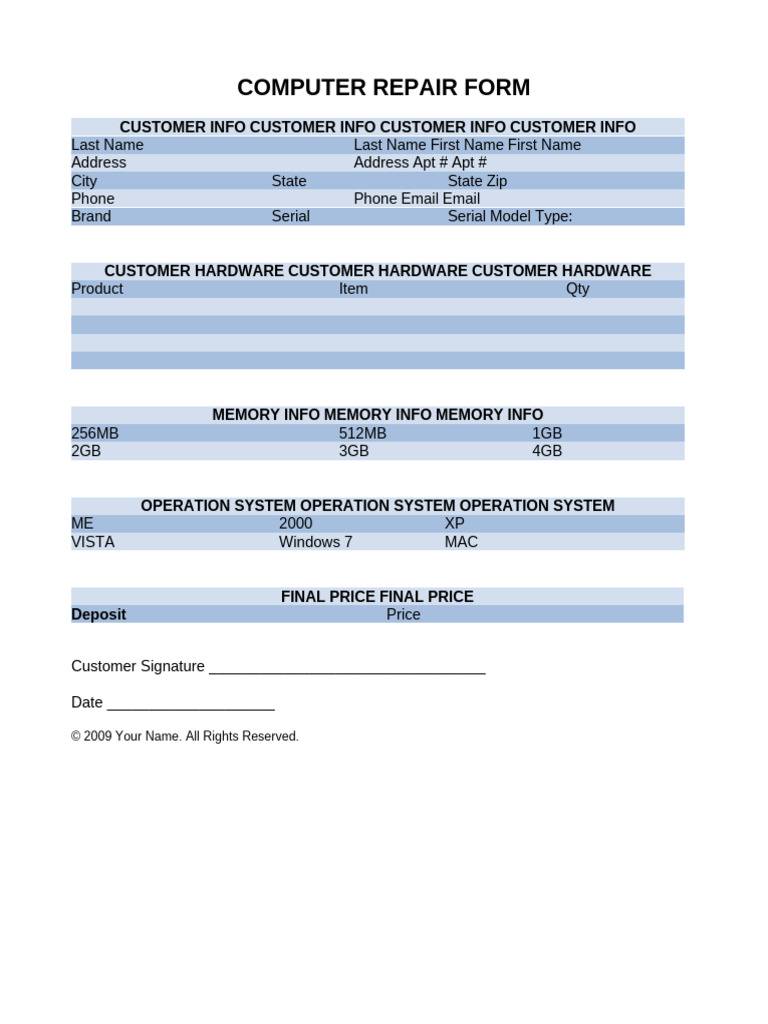 Computer Repair Form Template | PDF