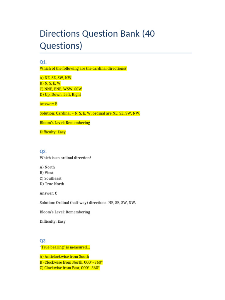 Cardinal and Compass Directions Quiz | PDF | Angle | Elementary Geometry