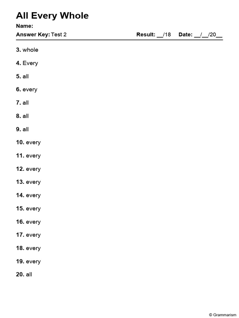 Grammar Test Answer Key: All, Every, Whole | PDF