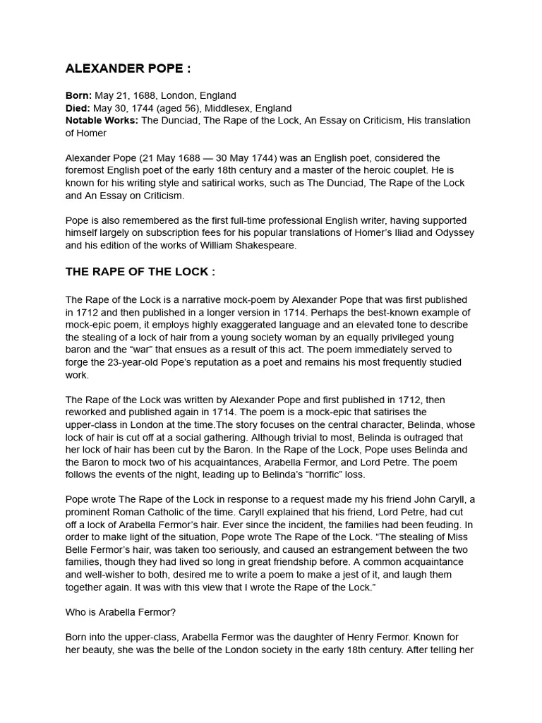 Alexander Pope's The Rape of the Lock | PDF | Alexander Pope