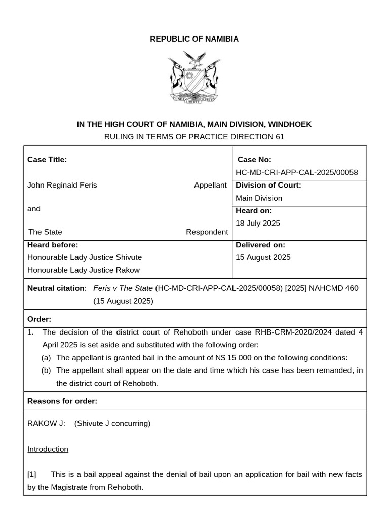 Namibia High Court Bail Ruling: Feris v State | PDF | Bail | Kidney