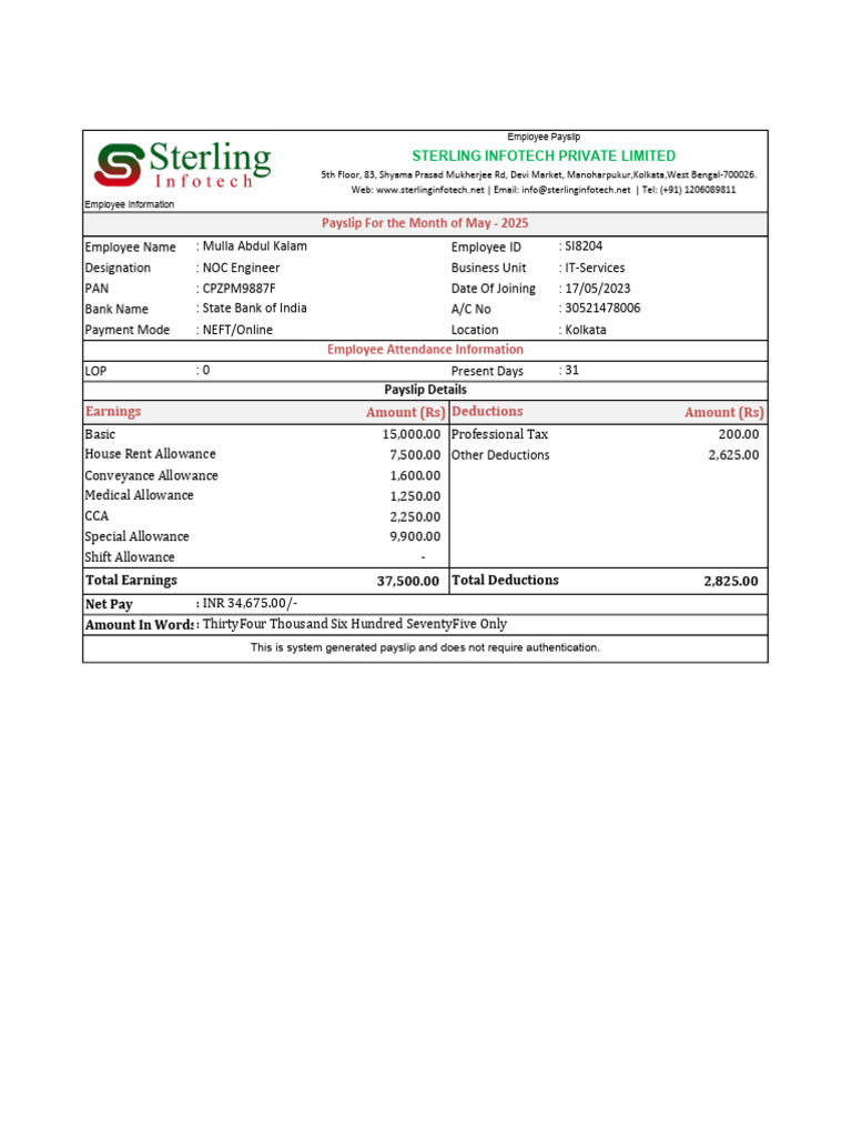 Sterling Infotech-Payslip May | PDF | Paycheck | Payments