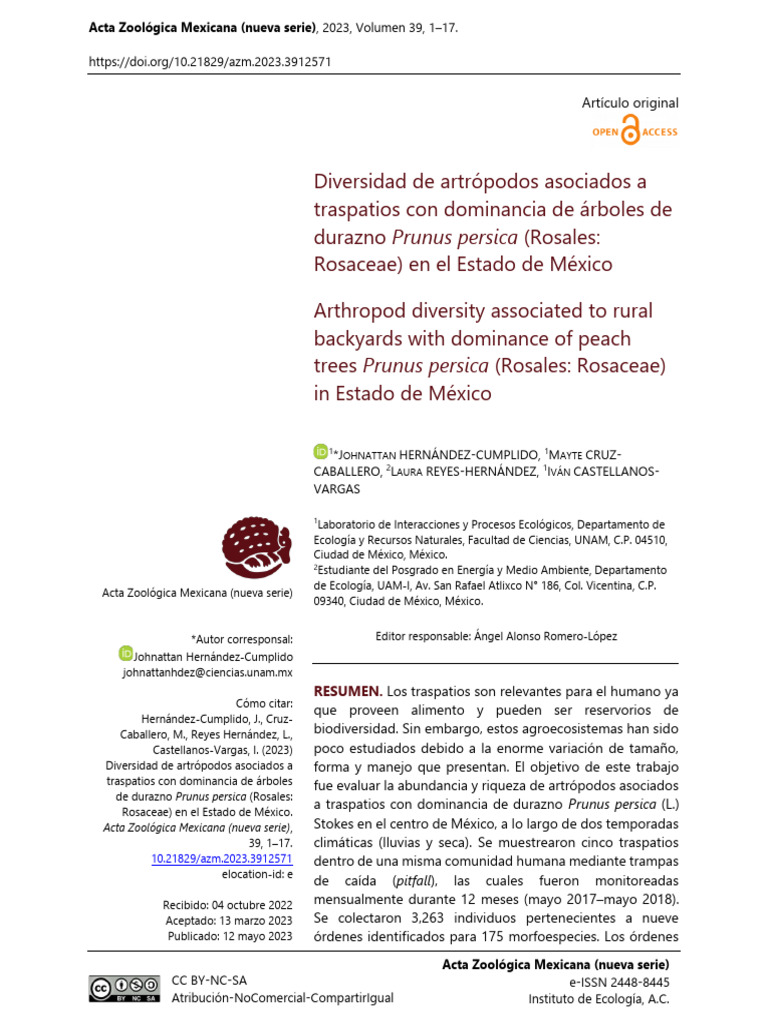 Diversidad de Artrópodos Asociados A Traspatios Con Dominancia de ...