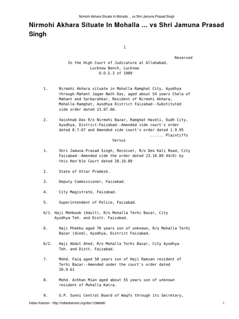 Nirmohi Akhada Vs Jamuna Prasad | PDF | Lawsuit