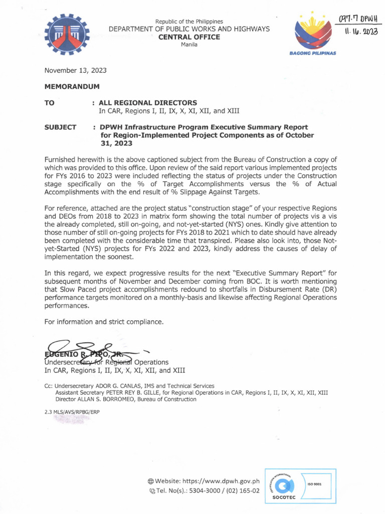 Memo 097.7 - 111323 - DPWH Infrastructure Program Executive Summary Report For Region ...