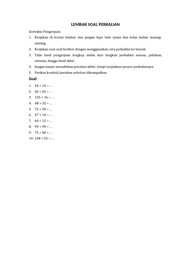 Soal Perkalian Kelas 4 | PDF
