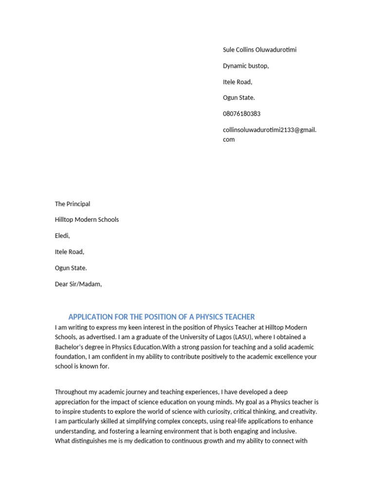 Physics Teacher Application Letter | PDF | Teachers | Cognition