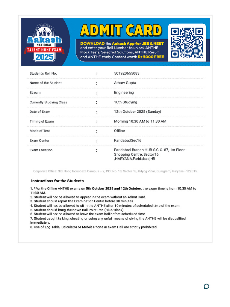 Admitcard - Scholarships Exam | PDF