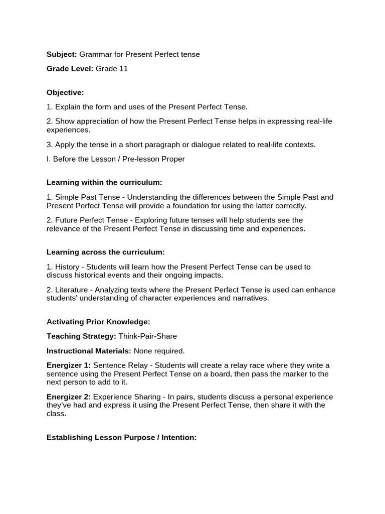 lesson_plan_Grammar for Present Perfect tense | PDF | Perfect (Grammar) | Grammatical Tense