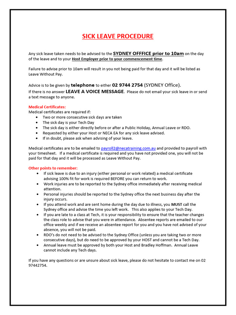 Sick Leave Procedure NSW 26.10.17 | PDF | Sick Leave | Annual Leave
