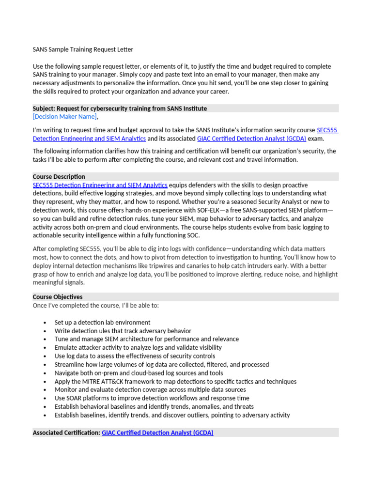 SANS SEC555 Training Request Letter | PDF | Analytics | Computing