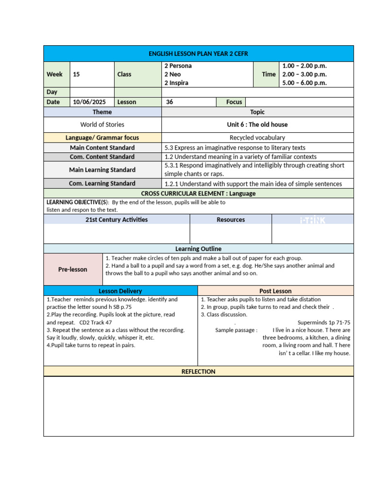 English Lesson Plan Year 2 Cefr | PDF | English Language | Lesson Plan