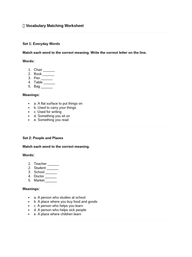 Vocabulary Matching and Practice Worksheets | PDF | Dream