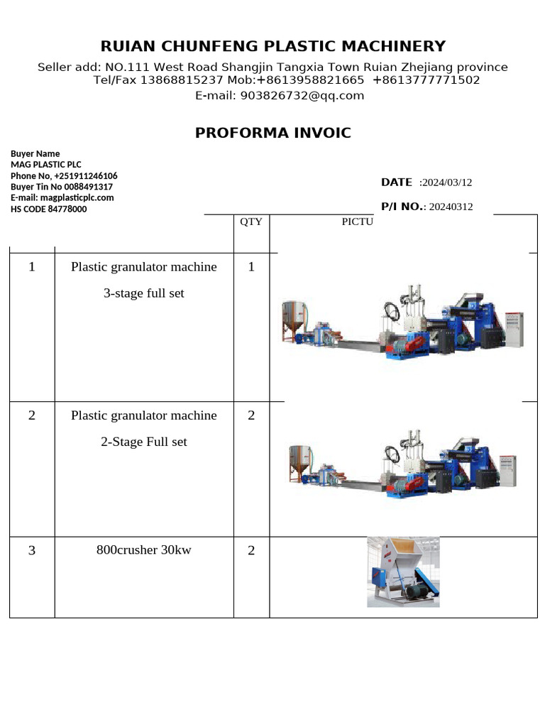 Ruian Chunfeng Plastic Machinery: Proforma Invoic | PDF | Washing ...