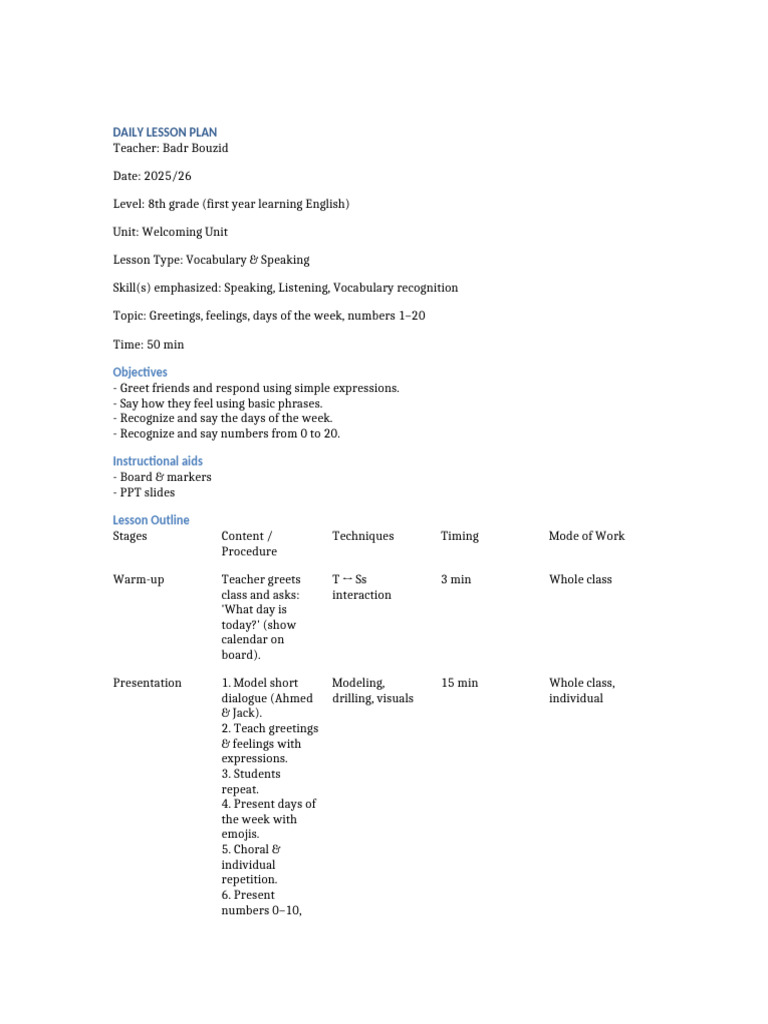 8th Grade English Lesson Plan: Greetings & Numbers | PDF | Lesson Plan ...