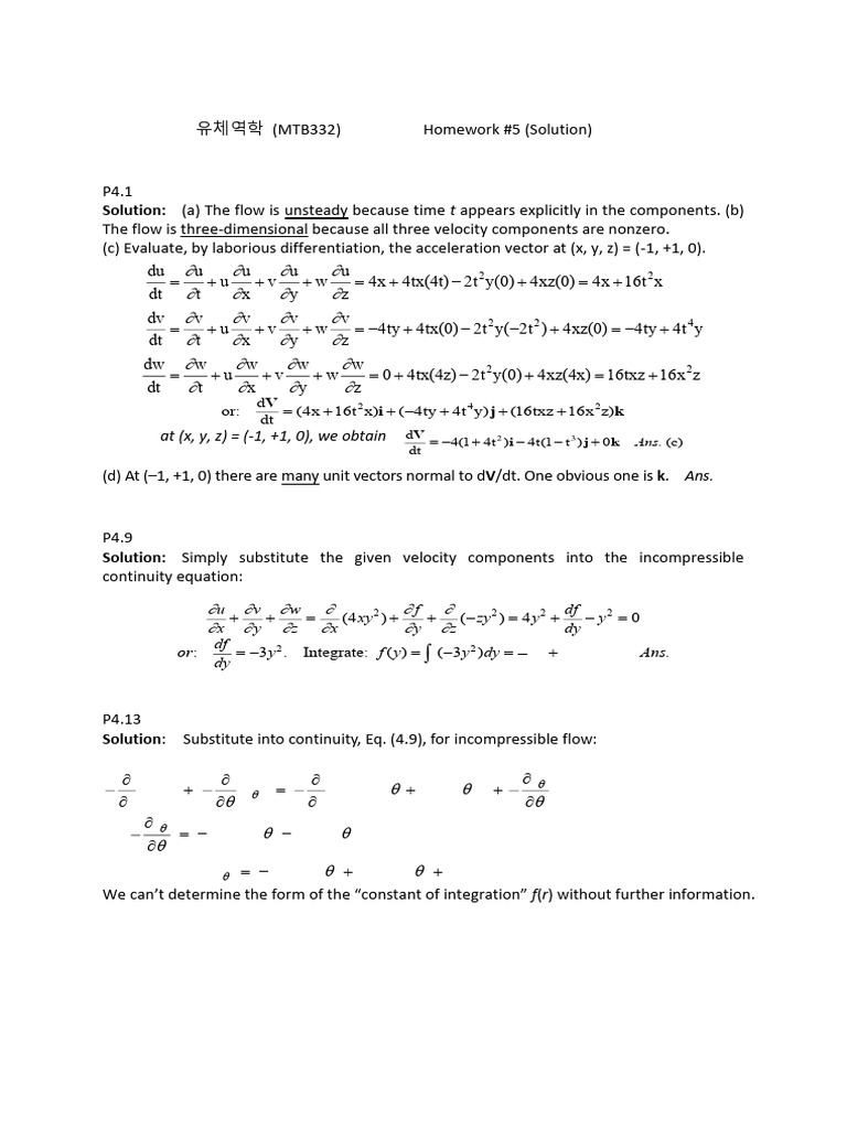 Fluid Mechanics Homework Solutions | PDF | Navier–Stokes Equations ...
