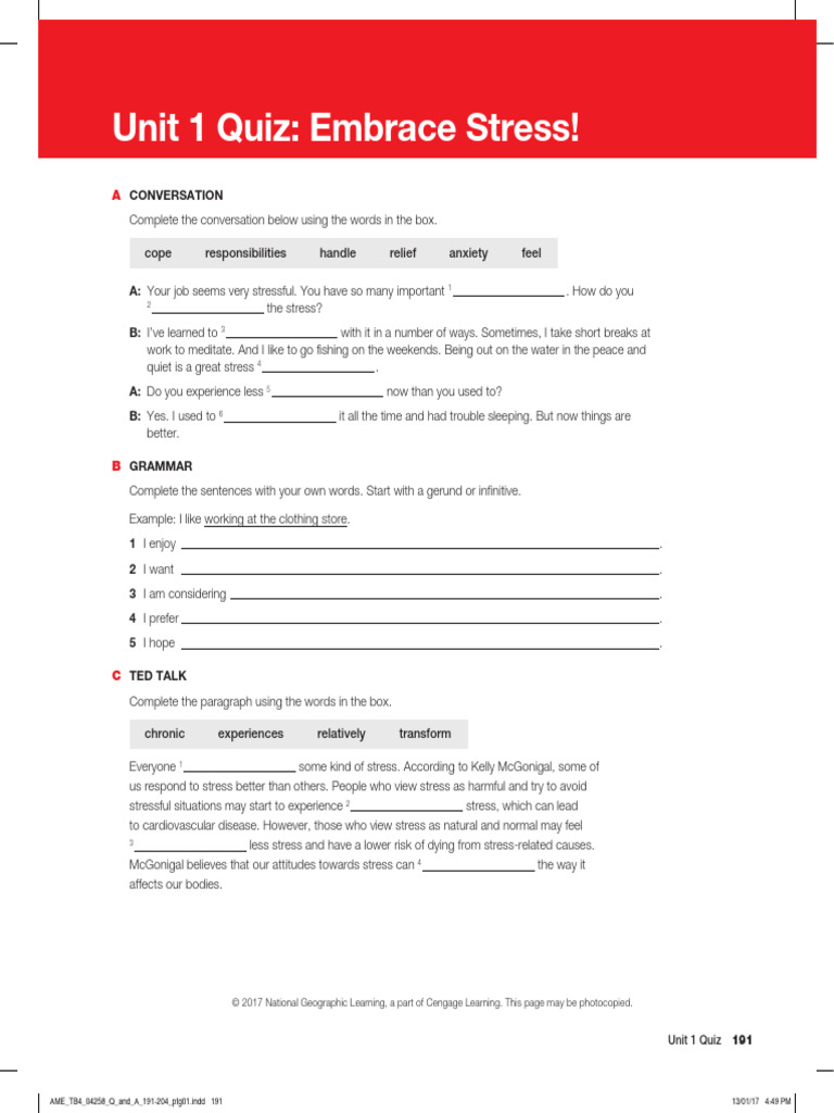 Unit 1 Quiz on Stress Management | PDF | Stress (Biology) | Mental Health