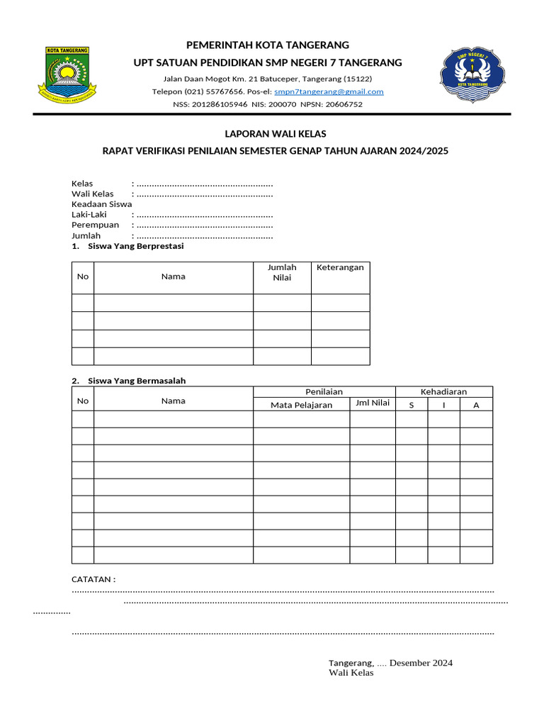 Laporan Walas Smt Ganjil 2024-2025 | PDF