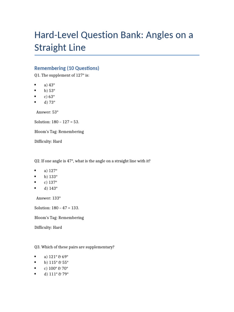 Angles On A Straight Line Hard QBank | PDF | Angle