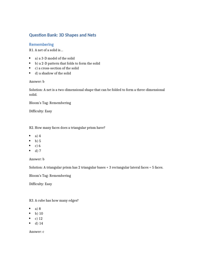3D Shapes Nets Worksheet with Answers | PDF | Rectangle | Triangle