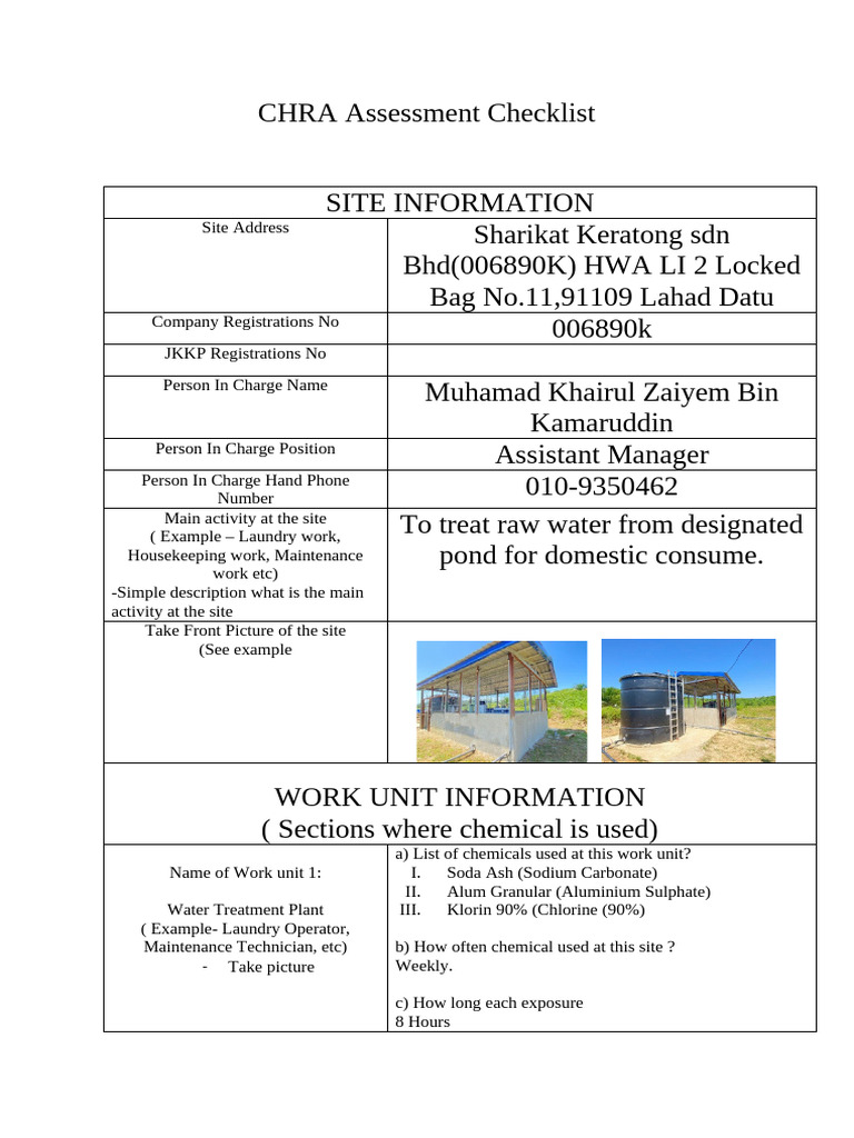 CHRA Assessment Checklist - Water Treatment | PDF | Occupational Safety ...