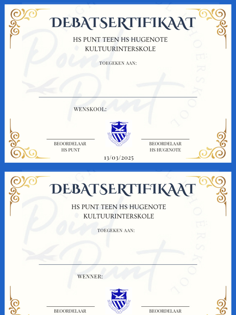Debatsertifikaat HS Punt vs HS Hugenote | PDF