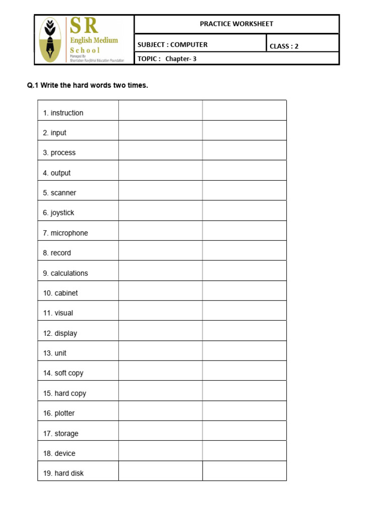 Practice Worksheet Subject: Computer Class: 2 Topic:: Q.1 Write The ...