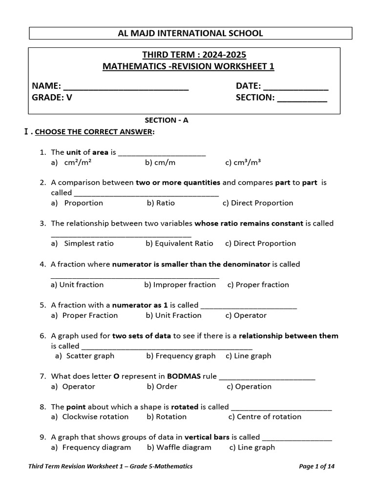 Grade 5 Math Revision Worksheet | PDF | Area | Ratio