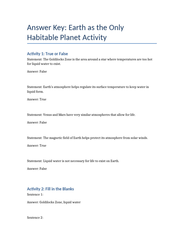 Answer Key Earth As The Only Habitable Planet | PDF